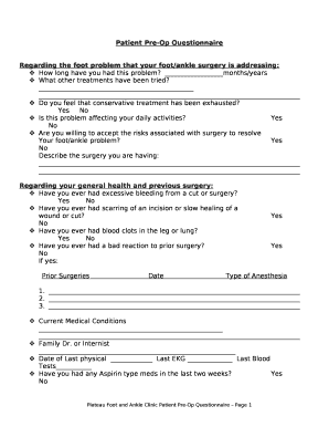 Patient Pre-Op Questionnaire Doc Template | pdfFiller