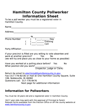 Hamilton County Pollworker Ination Sheet Doc Template | pdfFiller