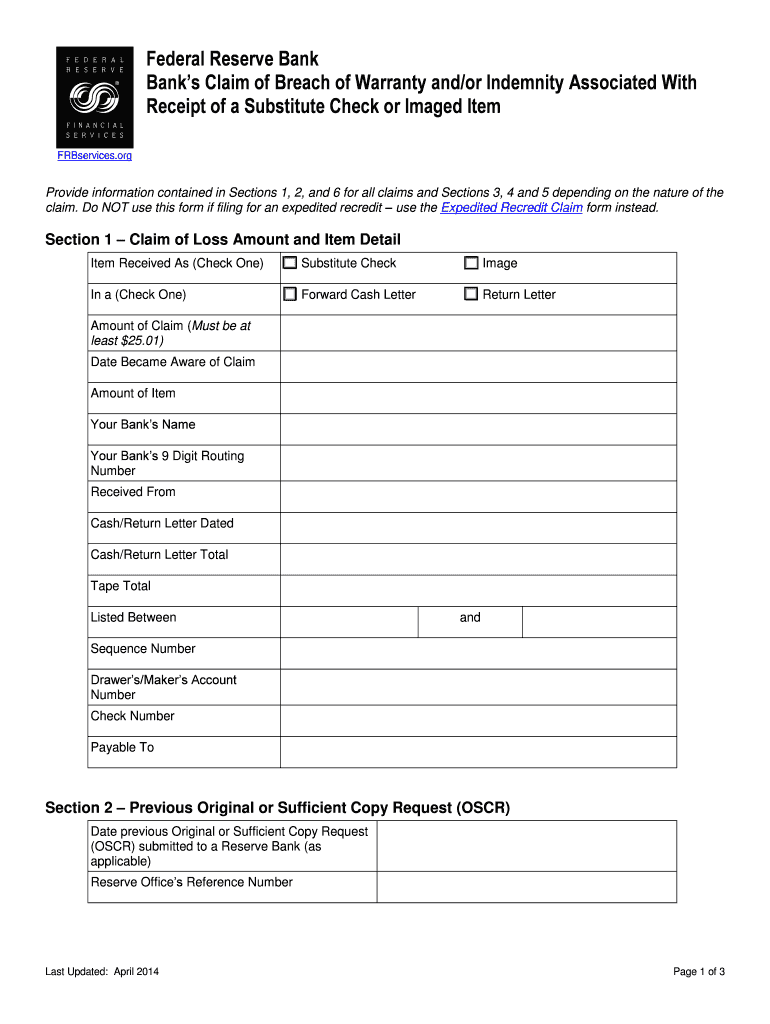 Fillable Online Banks Claim of Breach of Warranty and/or Indemnity ...