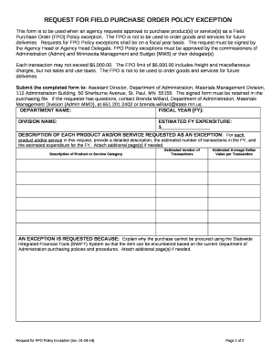 REQUEST FOR FIELD PURCHASE ORDER POLICY EXCEPTION Doc Template | pdfFiller