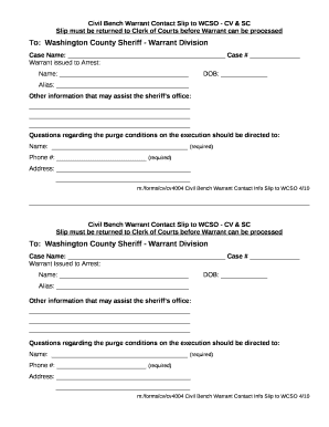Civil Bench Warrant Contact Slip to WCSO - CV & SC Doc Template | pdfFiller