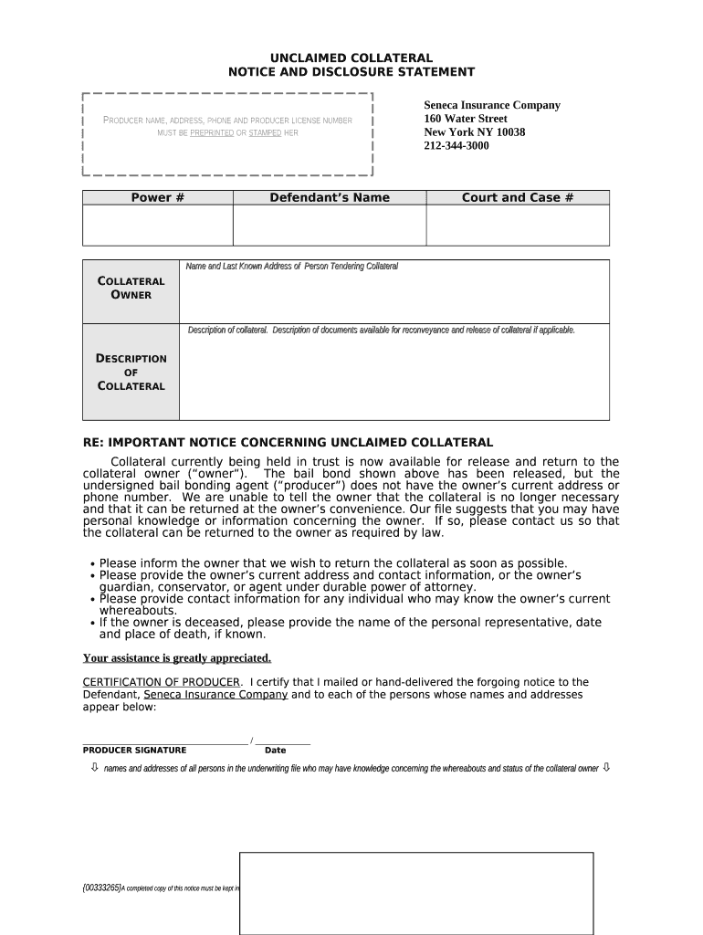 UNCLAIMED COLLATERAL Doc Template | pdfFiller
