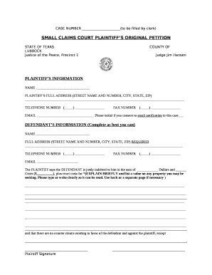 SMALL CLAIMS COURT PLAINTIFFS ORIGINAL PETITION Doc Template | pdfFiller