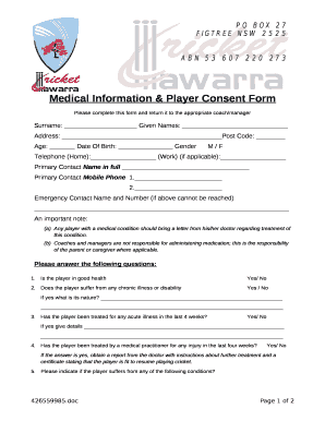 Medical Ination & Player Consent Doc Template | pdfFiller