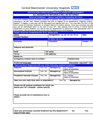 APPLICATION FOR COMMUNITY PODIATRY ASSESSMENT Doc Template | pdfFiller
