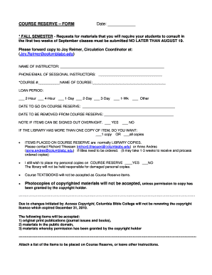 Fillable Online COURSE RESERVE FORM Fax Email Print - pdfFiller