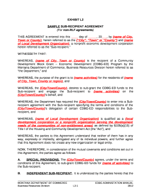 SAMPLE SUB-RECIPIENT AGREEMENT - comdev mt Doc Template | pdfFiller
