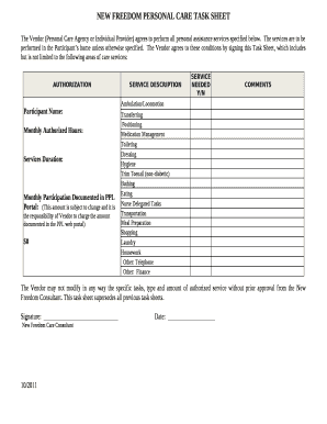 NEW FREEDOM PERSONAL CARE TASK SHEET Doc Template | pdfFiller