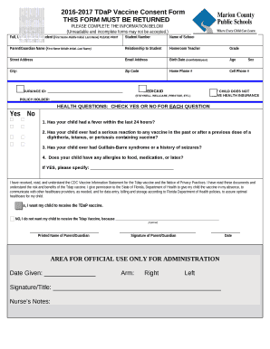 2016-2017 TDaP Vaccine Consent Doc Template | pdfFiller