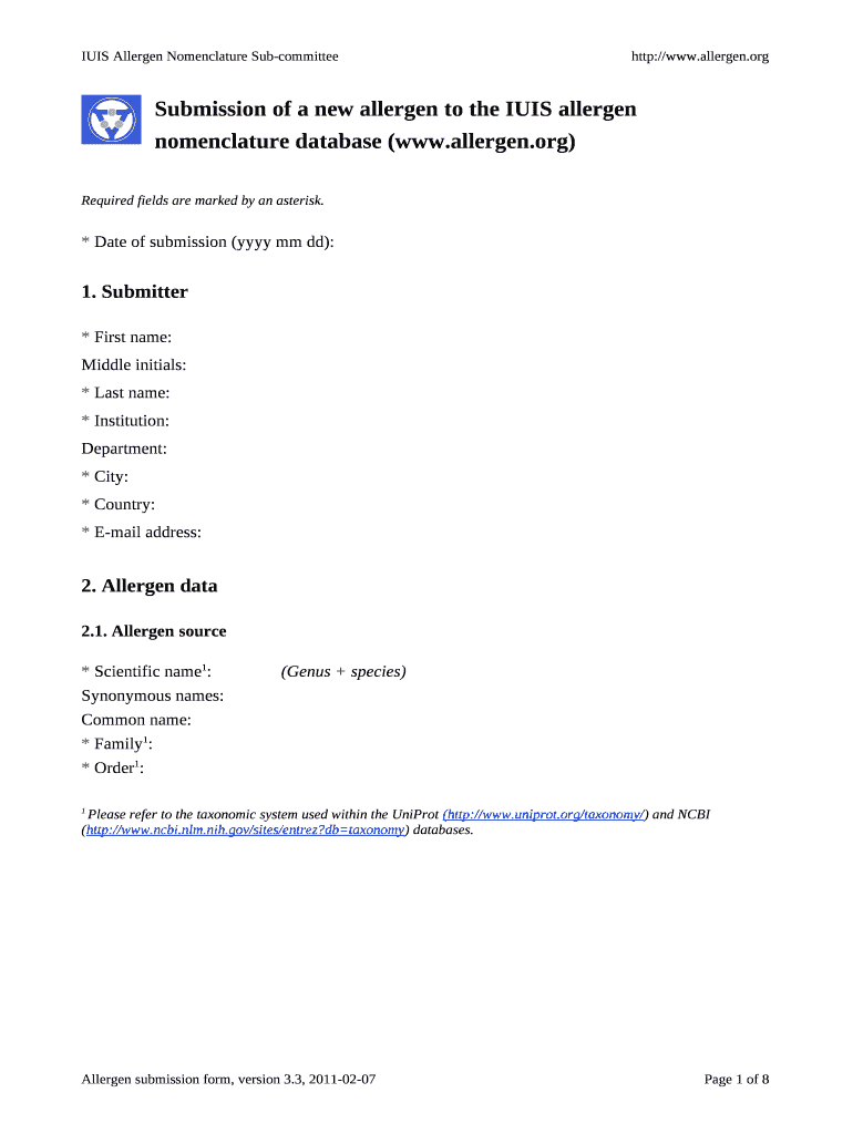 Submission of a new allergen to the IUIS allergen nomenclature database ...