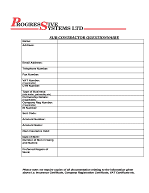 SUB CONTRACTOR QUESTIONNAIRE Doc Template | pdfFiller