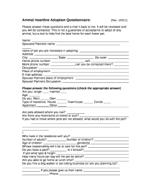Animal Heartline Adoption Questionnaire:(Rev Doc Template | pdfFiller