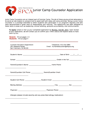 Junior Camp Counselor Application Doc Template | pdfFiller