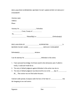DECLARATION SUPPORTING MOTION TO SET ASIDE ENTRY OF DEFAULT JUDGMENT Doc Template | pdfFiller