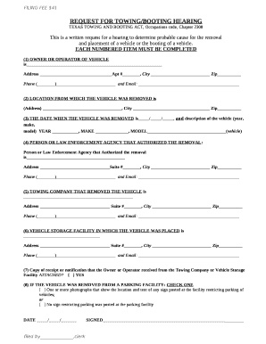 REQUEST FOR TOWING/BOOTING HEARING Doc Template | pdfFiller
