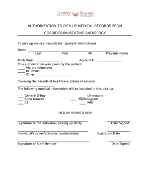AUTHORIZATION TO PICK UP MEDICAL RECORDS FROM Doc Template | pdfFiller