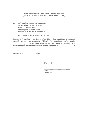NOTICE REGARDING APPOINTMENT OF DIRECTOR Doc Template | pdfFiller