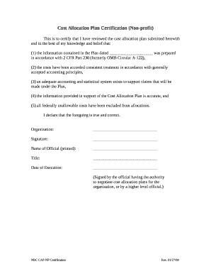 Cost Allocation Plan Certification (Non-profit) Doc Template | pdfFiller