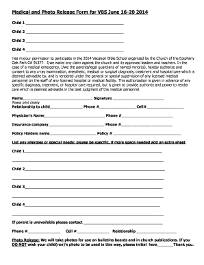 Fillable Online Medical and Photo Release Form for VBS June 16-20 2014 ...