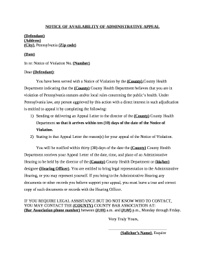 NOTICE OF AVAILABILITY OF ADMINISTRATIVE APPEAL Doc Template | pdfFiller