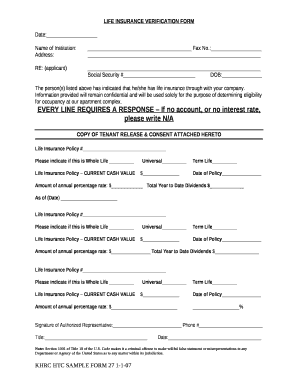 LIFE INSURANCE VERIFICATION Doc Template | pdfFiller