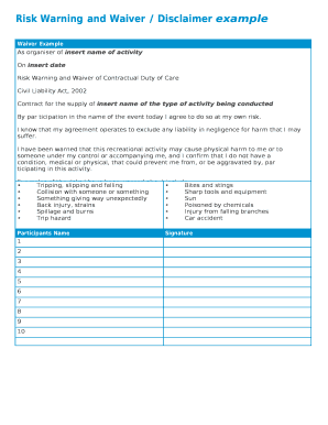 Risk Warning and Waiver / Disclaimer example Doc Template | pdfFiller