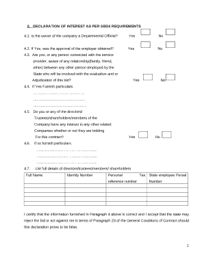 DECLARATION OF INTEREST AS PER SBD4 REQUIREMENTS Doc Template | pdfFiller
