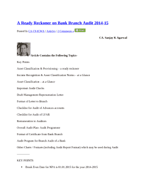 A Ready Reckoner on Bank Branch Audit 2014-15 Doc Template | pdfFiller