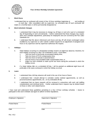 Four 10-Hour Workday Schedule Agreement Doc Template | pdfFiller