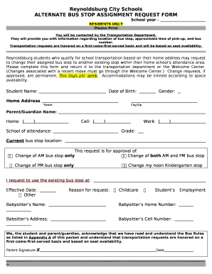 ALTERNATE BUS STOP ASSIGNMENT REQUEST Doc Template | pdfFiller
