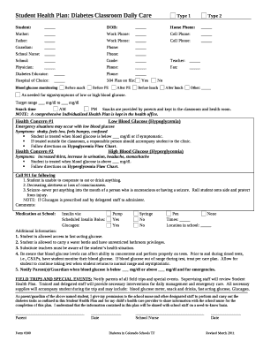 Student Health Plan: Diabetes Classroom Daily Care Type 1 Type 2 Doc ...