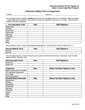 Classroom Safety Drills & Inspections Doc Template | pdfFiller