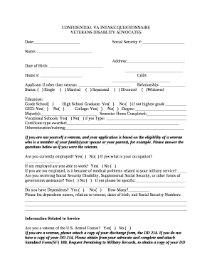 CONFIDENTIAL VA INTAKE QUESTIONNAIRE Doc Template | pdfFiller