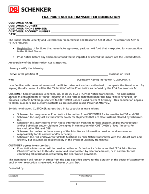 FDA PRIOR NOTICE TRANSMITTER NOMINATION Doc Template | pdfFiller