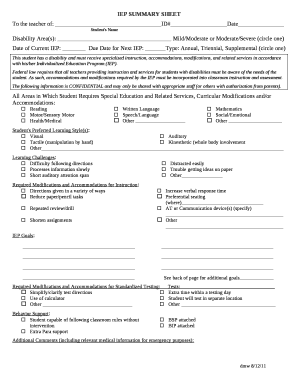 iep summary sheet Doc Template | pdfFiller