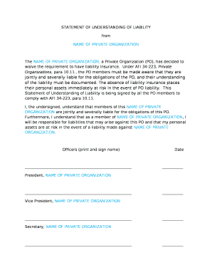 STATEMENT OF UNDERSTANDING OF LIABILITY Doc Template | pdfFiller