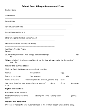 School Food Allergy Assessment Doc Template | pdfFiller