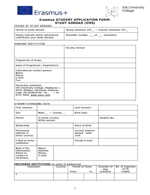 Erasmus STUDENT APPLICATION : - en via Doc Template | pdfFiller