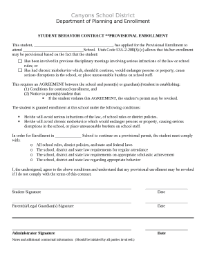STUDENT BEHAVIOR CONTRACT **PROVISIONAL ENROLLMENT Doc Template | pdfFiller