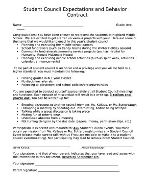 Student Council Expectations and Behavior Contract Doc Template | pdfFiller