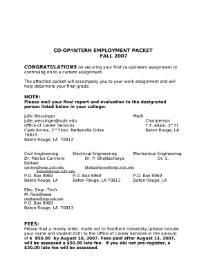 CO-OP/INTERN EMPLOYMENT PACKET - www3 subr Doc Template | pdfFiller