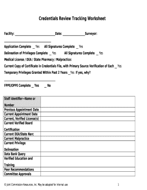 Credentials Review Tracking Worksheet Doc Template | pdfFiller