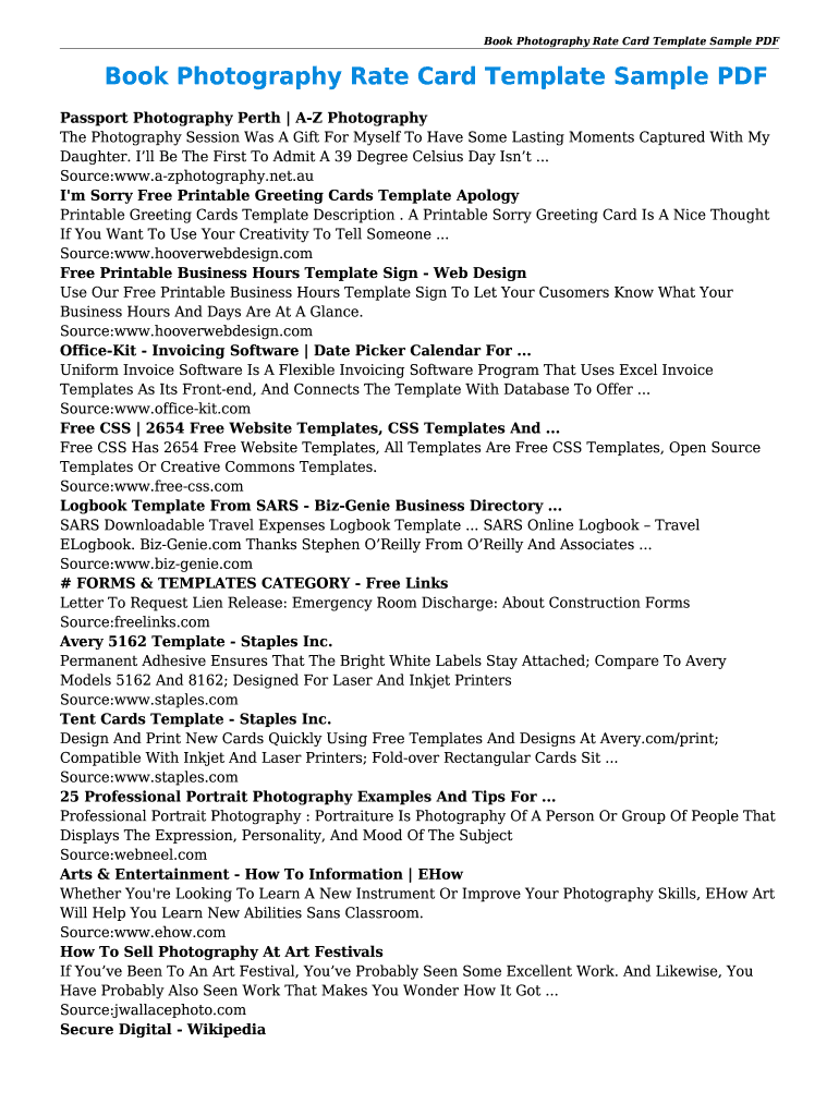 Fillable Online Book Photography Rate Card Template Sample PDF Fax ...