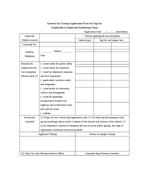 General Tax Exempt Application for Tag Tax Doc Template | pdfFiller
