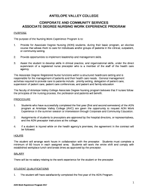 ASSOCIATE DEGREE NURSING WORK EXPERIENCE PROGRAM Doc Template | pdfFiller