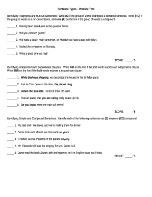 Sentence Types Practice Test Doc Template | pdfFiller