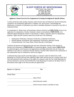 Applicant Consent for Pre-Employment Screening Investigation & Specific ...