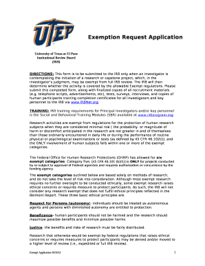 Exemption Request Application - research utep Doc Template | pdfFiller
