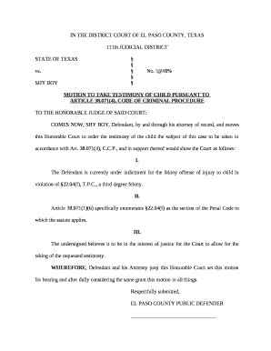 MOTION TO TAKE TESTIMONY OF CHILD PURSUANT TO Doc Template | pdfFiller