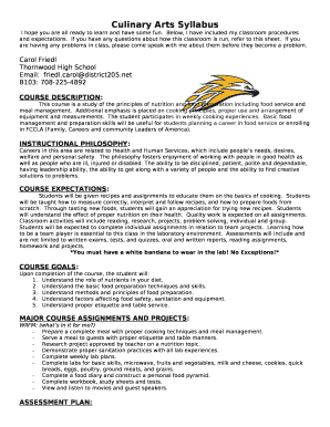 Culinary Arts Syllabus Doc Template | pdfFiller